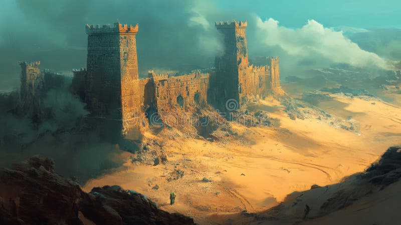 Ruined Stone Castle in a Vast Desert Landscape Stock Illustration ...