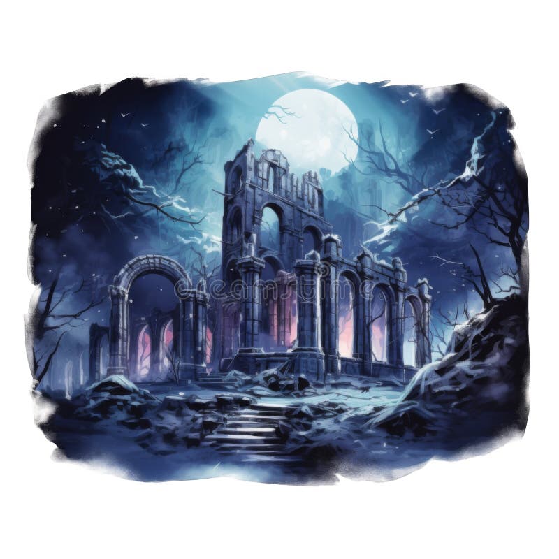 Ruined Stone Structure Under a Full Moon Stock Illustration ...