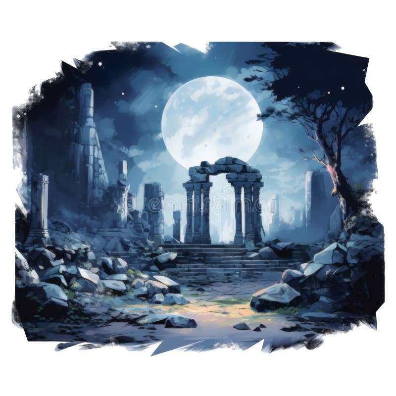 Ruined Temple Under a Full Moon Stock Illustration - Illustration of ...
