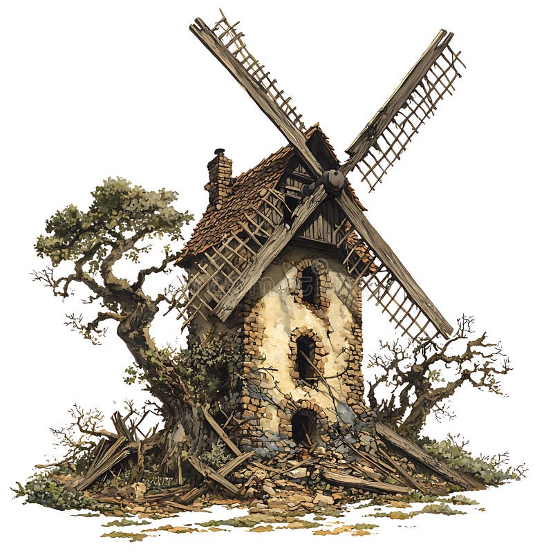 Ruined Windmill and Ancient Trees Stock Illustration - Illustration of ...