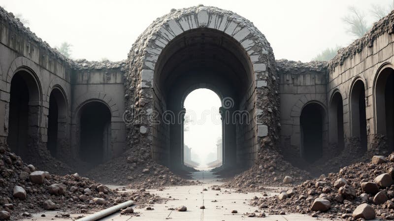 Ruins of an Abandoned Structure with Debris and Archways in a Desolate ...