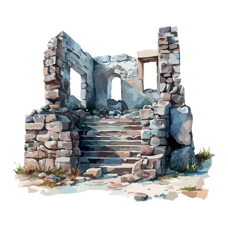 Ruins of Ancient Building, Watercolor Illustration Isolated Stock ...