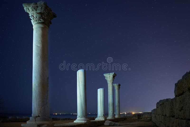 Ruins of Ancient City Columns Under Night Sky Stock Image - Image of ...