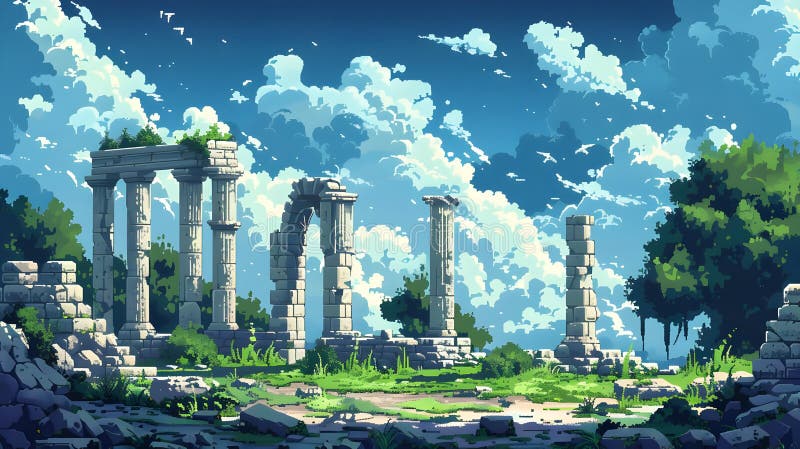 Ruins of Ancient Stone Columns Under Blue Sky with Lush Greenery in a ...