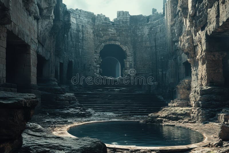 Ruins of an Ancient Structure with a Circular Pool in an Atmospheric ...
