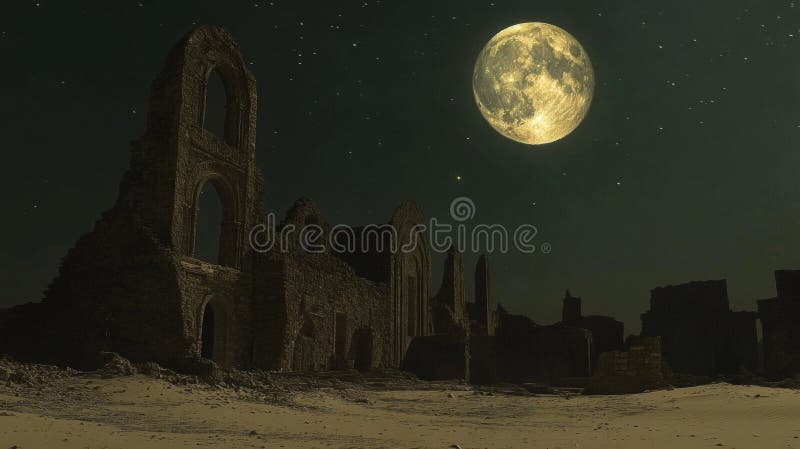Ruins of an Ancient Structure Under a Full Moon and a Starry Sky Stock ...
