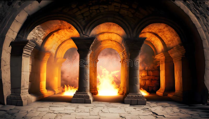 Ruins of Ancient Temple in Fire. 3D Rendering. Fantasy Stock Photo ...