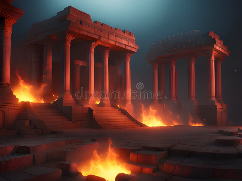 Ruins of the Ancient Temple with a Fire Stock Illustration ...