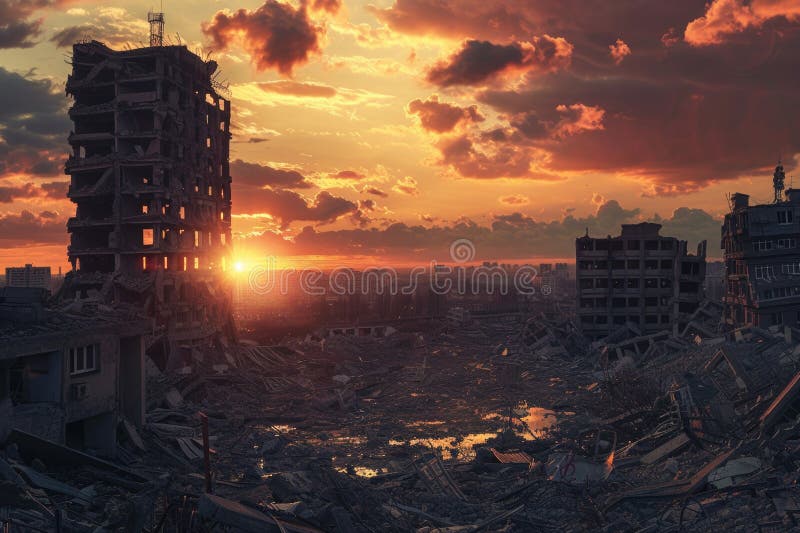 Ruins of a City after Destruction, with the Sun Setting in the ...