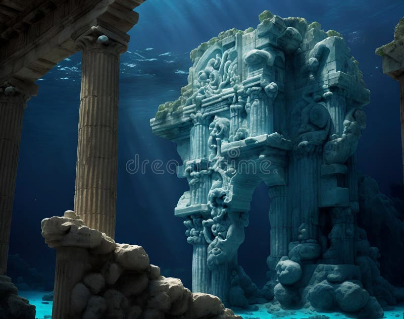 Ruins with Columns of Lost Atlantida World Underwater. Lost Ancient ...