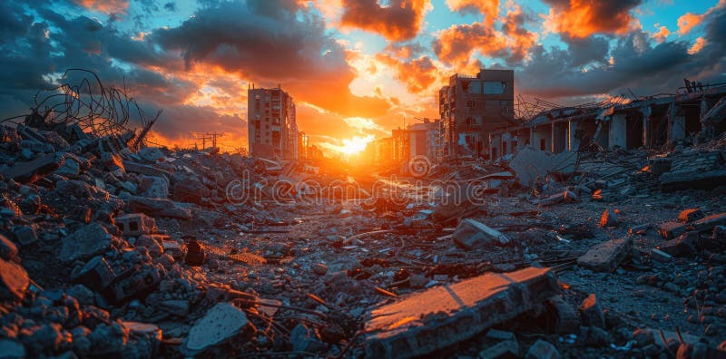 Ruins of Demolished Properties Stretch into the Horizon As the Sun Sets ...