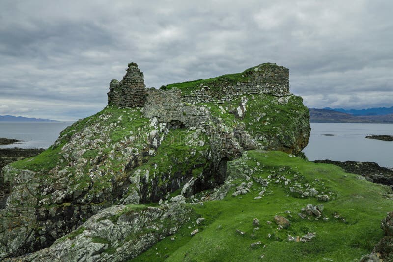 Dunscaith Castle Ruins on the Isle of Skye. Stock Image - Image of ...