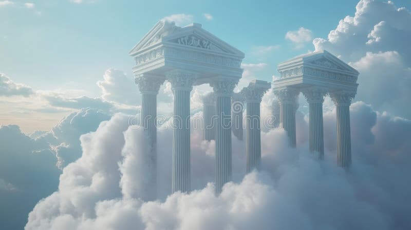 Ruins of a Greek Temple Floating in the Clouds Against a Bright Sky ...