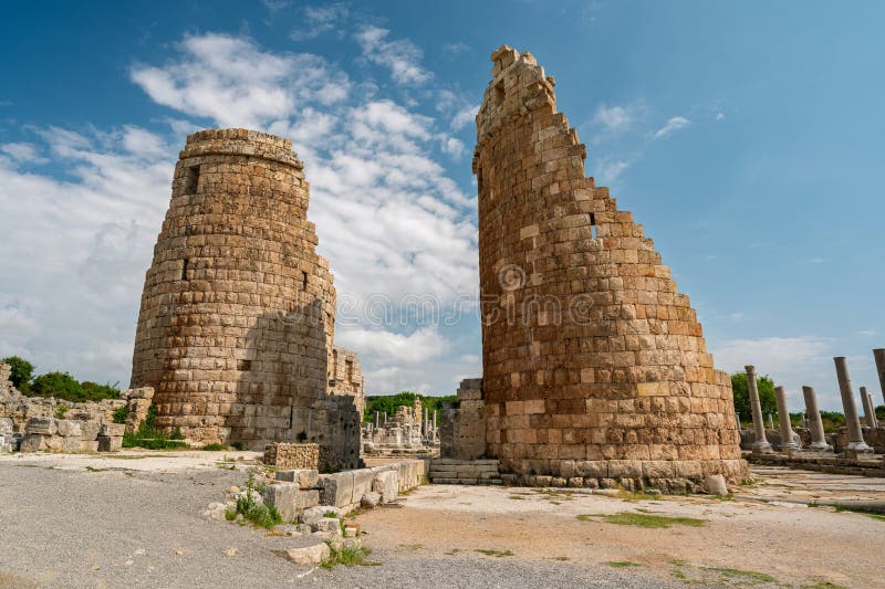 Ruins of the Hellenistic City Gate of the Ancient City of Perge (Perga ...