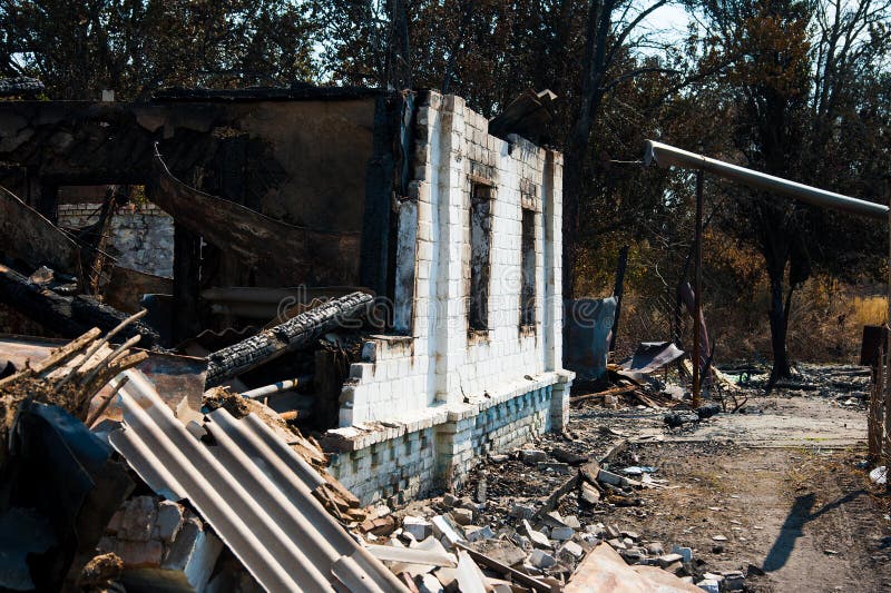 Ruins of house after fire stock photo. Image of house - 181961198