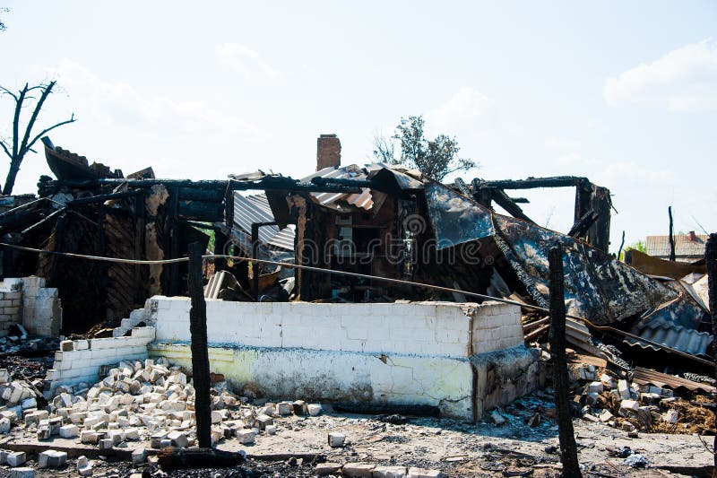 Ruins of house after fire stock photo. Image of black - 189450706