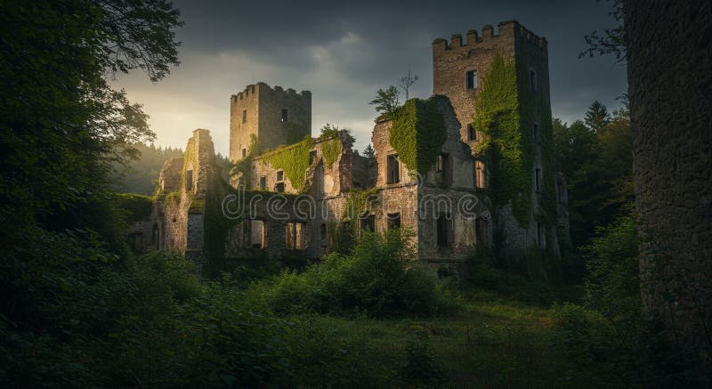 Ruins of a Medieval Castle Surrounded by Dense Greenery Under a ...