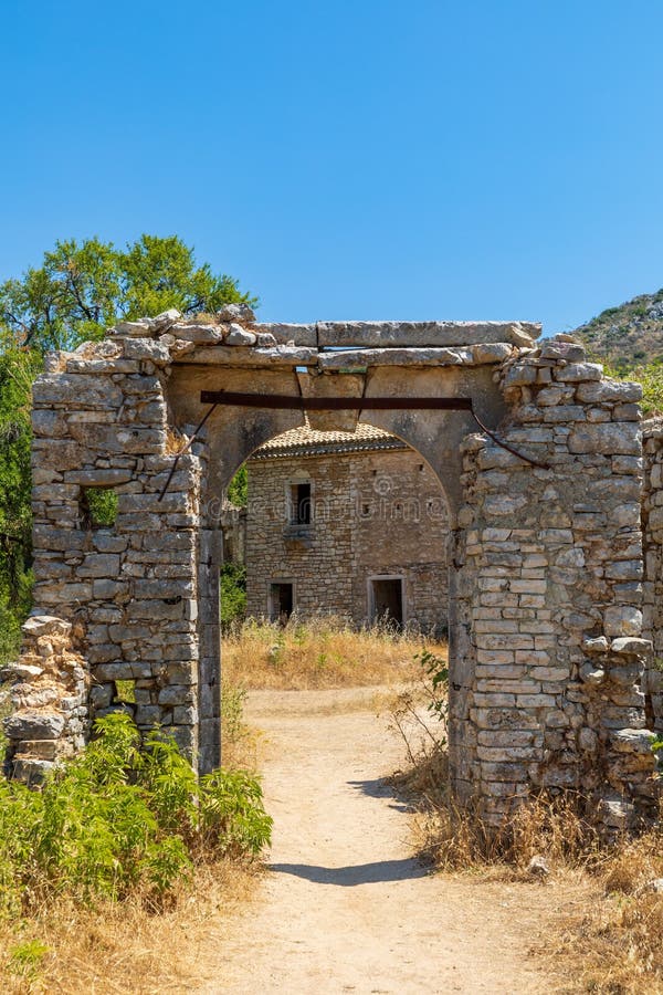 Ruins of Perithia stock photo. Image of blue, building - 264349996