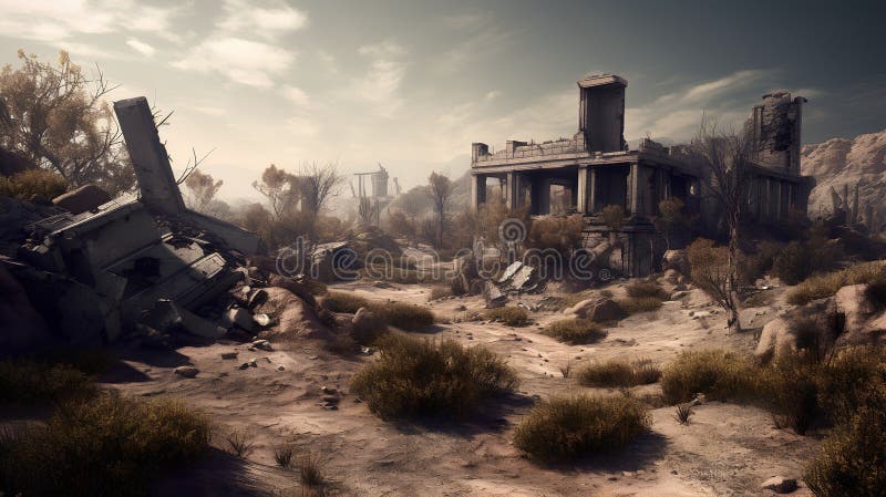 Ruins of a Ruined Building in the Desert, 3d Render Stock Illustration - Illustration of destroy ...