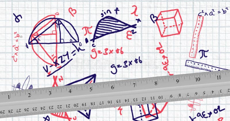 Ruler Against Mathematical Equations and Diagrams on Square Lined Paper ...