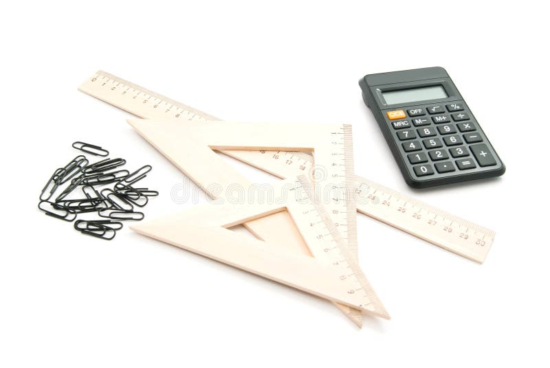 Ruler, Calculator and Paper Clips Stock Image - Image of wooden ...