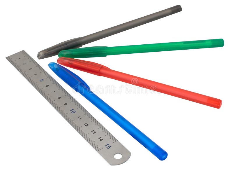 Ruler and Multi-colored Ballpoint Pens on the White Stock Image - Image ...