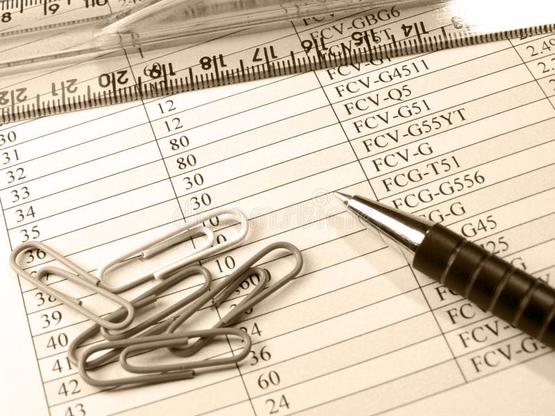 Ruler, Pen, Paper-clipses (in Sepia) Stock Image - Image of management ...