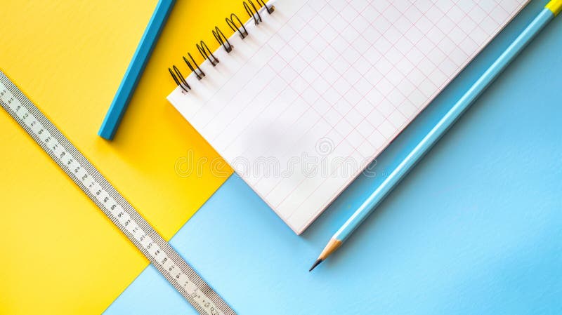A Ruler, Pencil, and Notepad Rest on a Vibrant Yellow and Blue Surface ...