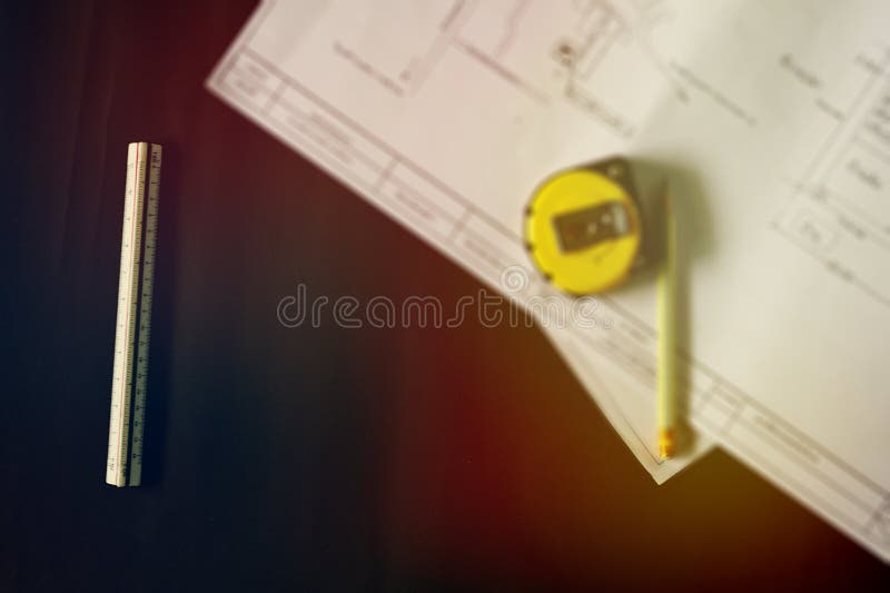 Black Table, Floor Plan, Ruler, Pencil, Measuring Tape Stock Image ...