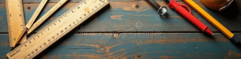 Rulers, Protractor, Compass, and Triangle on Wood Surface, Ruler ...