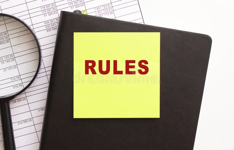 RULES Text on a Sticker on Your Desktop. Diary and Magnifier Stock ...