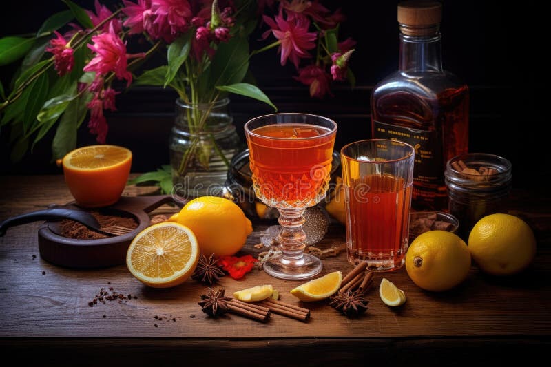 Rum Punch Ingredients Arranged on Wooden Table Stock Illustration ...