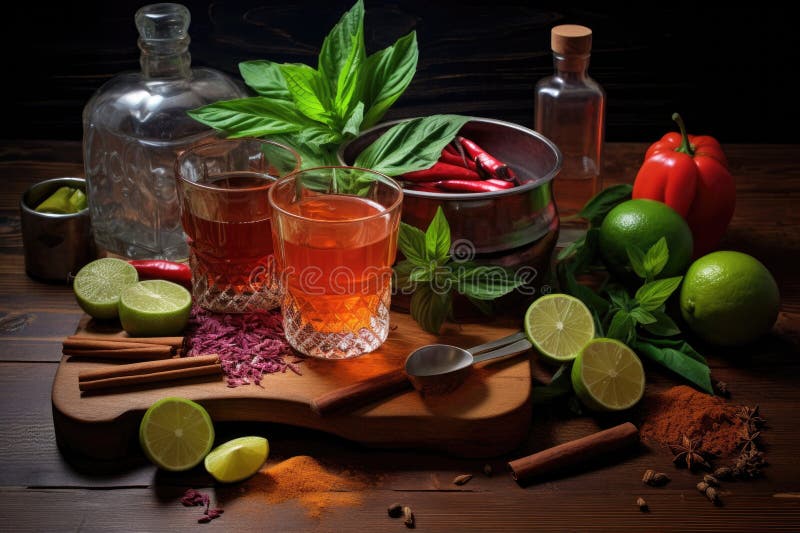 Rum Punch Ingredients Arranged on Wooden Table Stock Illustration ...
