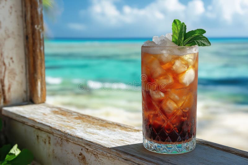 Rum Swizzle on Beach Shack Windowsill with Ocean Breeze and Sunlit ...