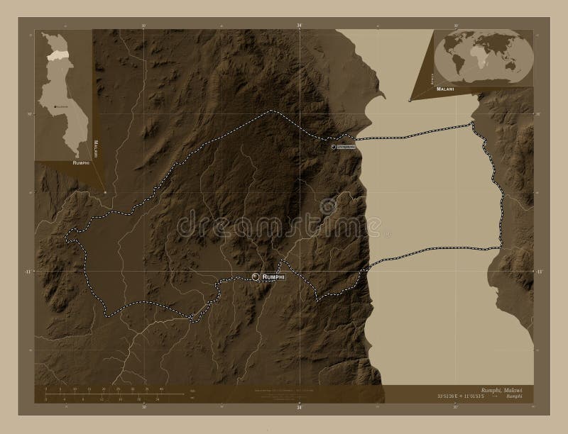 Rumphi, Malawi. Sepia. Labelled Points of Cities Stock Illustration ...