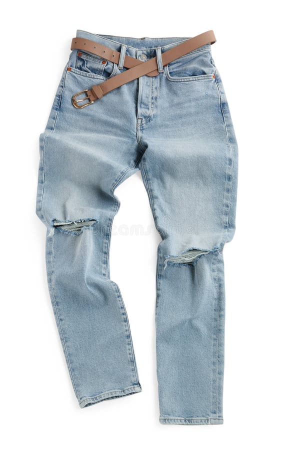 Rumpled Light Blue Jeans with Belt Isolated on White, Top View. Stylish ...