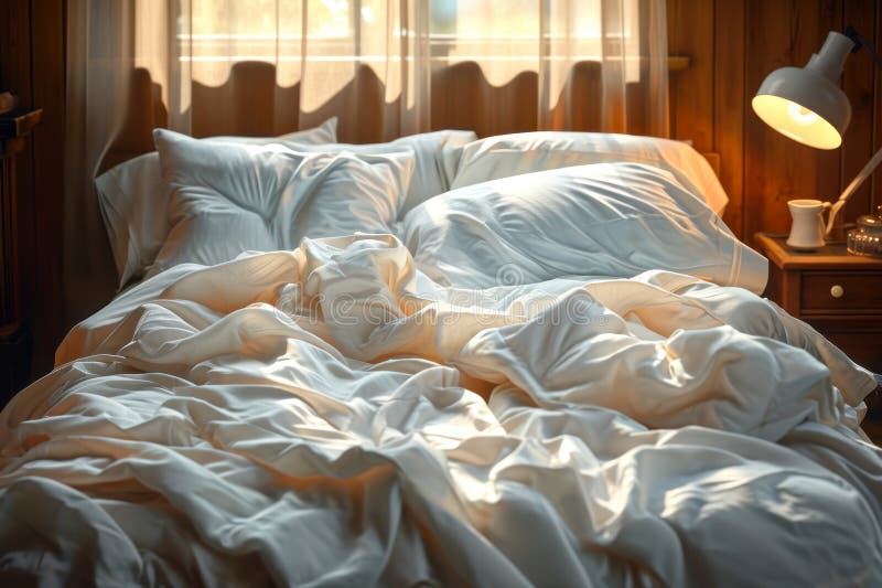 Rumpled Morning Bed in the Bedroom. Stock Photo - Image of bedroom ...
