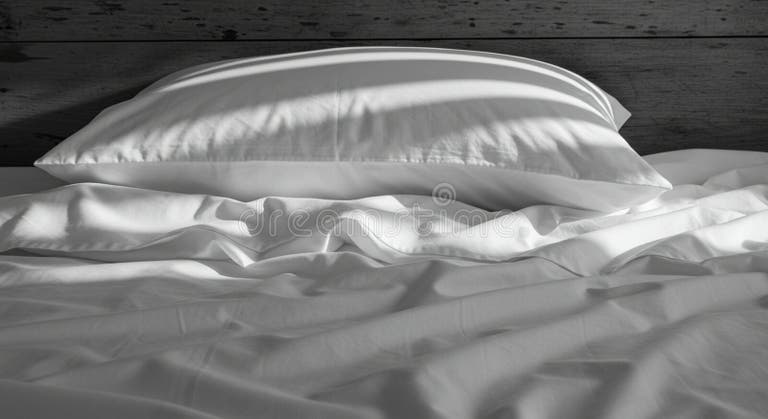 A Rumpled White Pillow and Bedding are Highlighted, with Sunlight ...