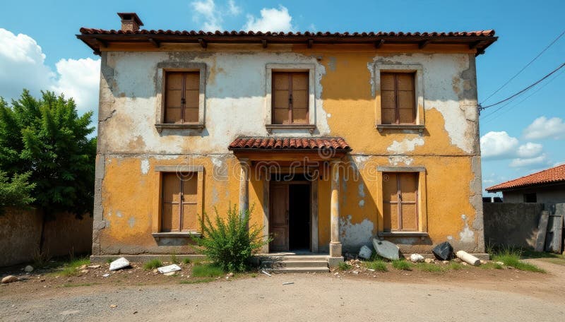 Run Down Building with Boarded Windows and Surrounding Debris, Paint ...