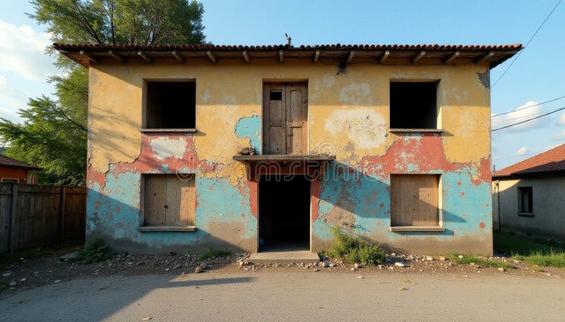 Run Down Building with Boarded Windows and Surrounding Debris, Sidewalk ...