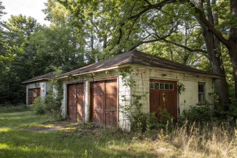 Run Down Detached Garage with Brown Doors Surrounded by Trees Stock ...