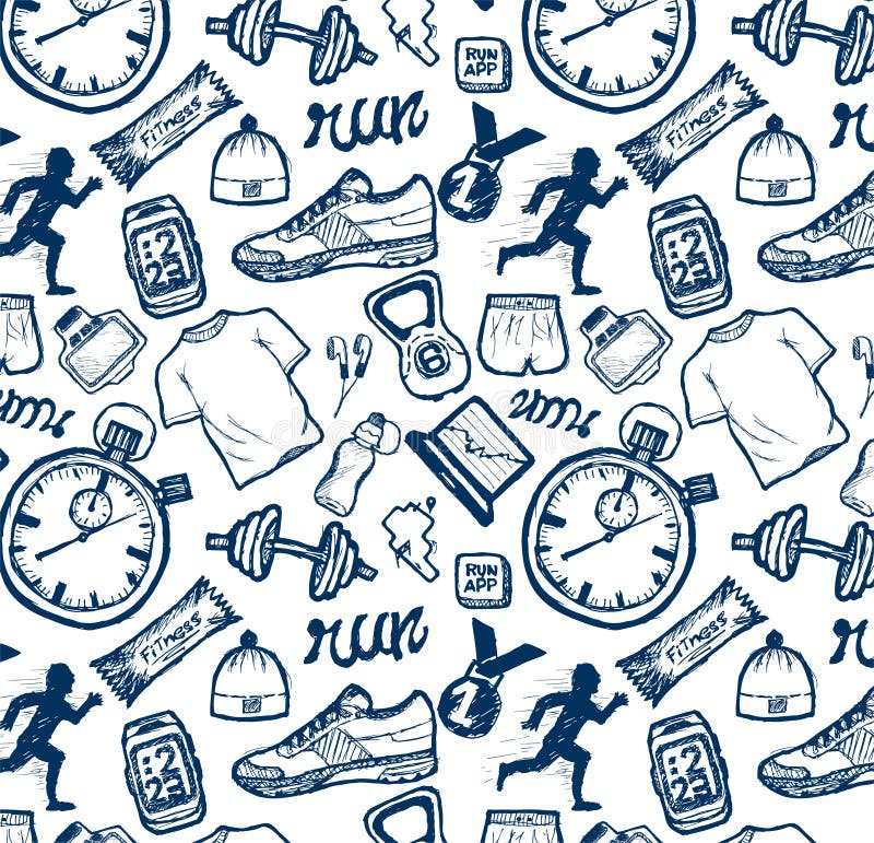 Run Icons Pattern Set in Doodle Style, Hand Drawing Stock Vector ...