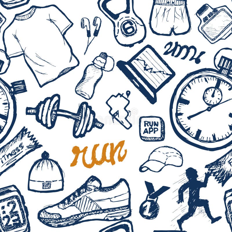 Run Icons Seamless Pattern Set in Doodle Style, Hand Drawing Stock ...