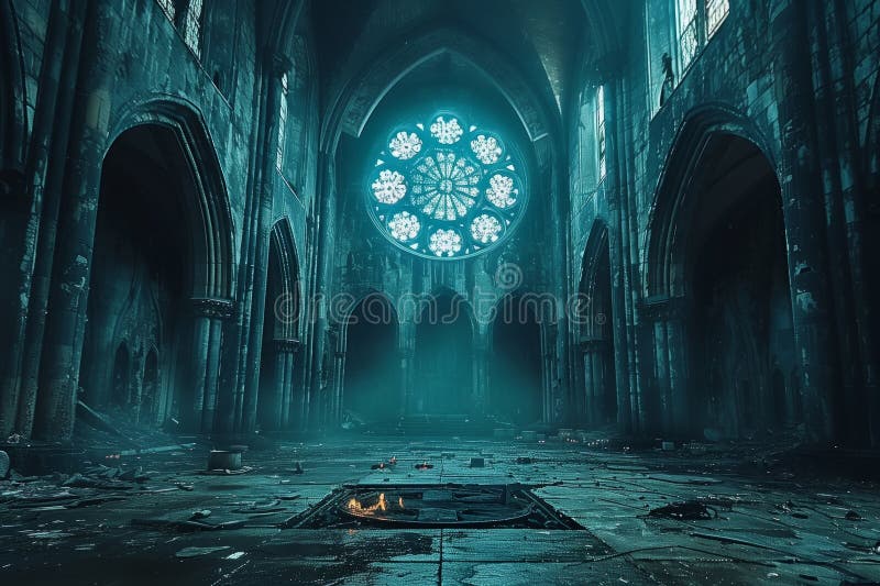 A Rundown Gothic Cathedral with a Large Circular Window and Eerie ...