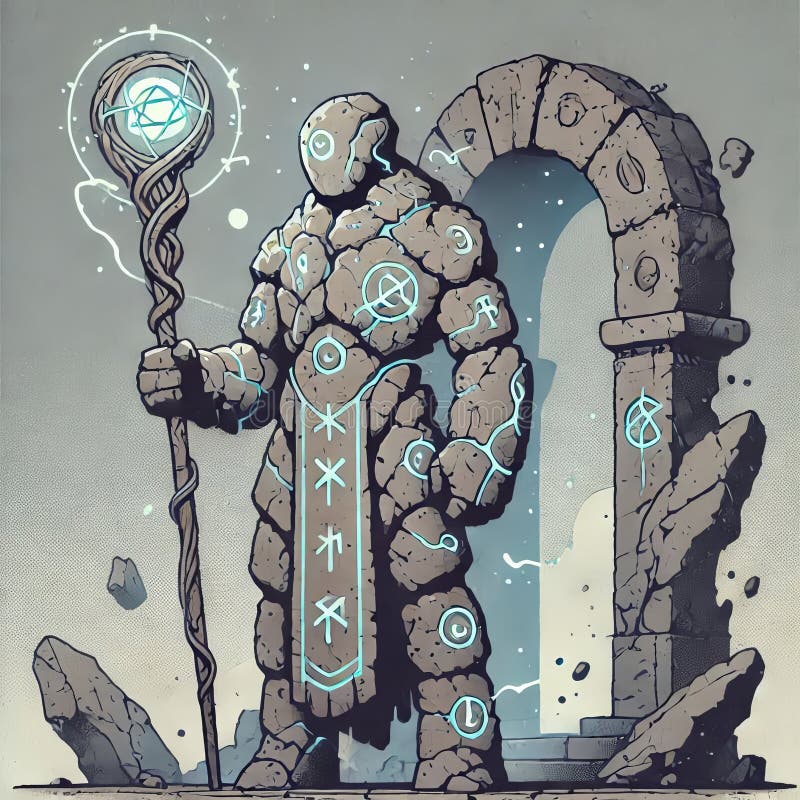 Rune-Infused Warrior Holding a Glowing Staff Stock Illustration ...