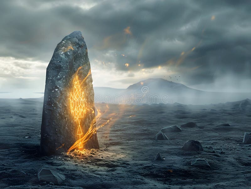 Rune Stone in a Deserted Landscape Glowing with Ancient Stock ...
