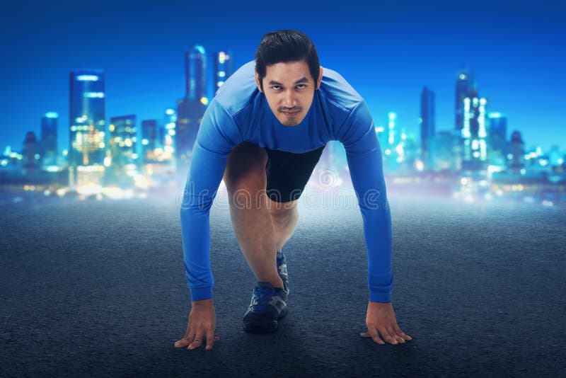 Runner Asian Man with Hands on Starting Line Ready To Sprint Stock ...