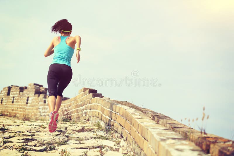 Runner Athlete Running on Trail at Chinese Great Wall Stock Image ...