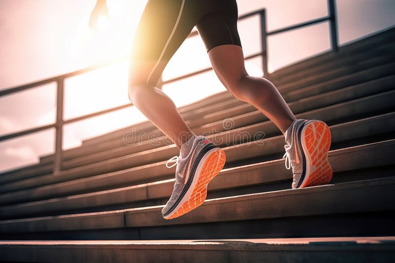 Runner Athlete S Feet Conquering Stairs with Sunlight, Training To ...