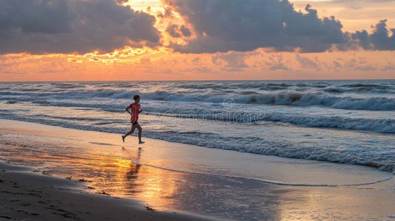 Runner on beach at sunset stock illustration. Illustration of warmth ...